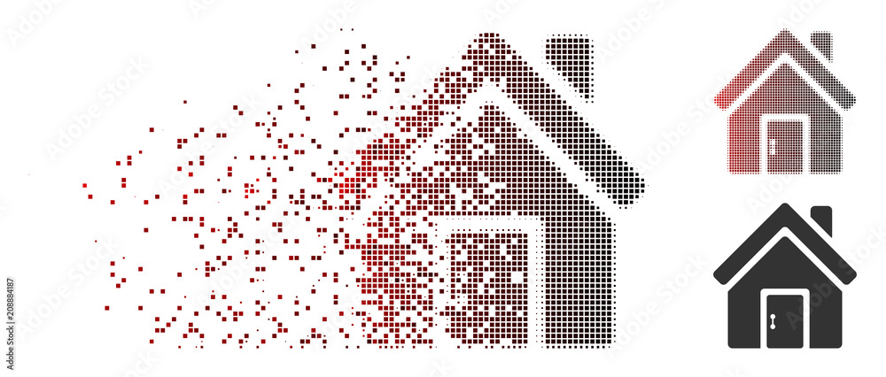 Vector closed house door icon in fractured, pixelated halftone and ...