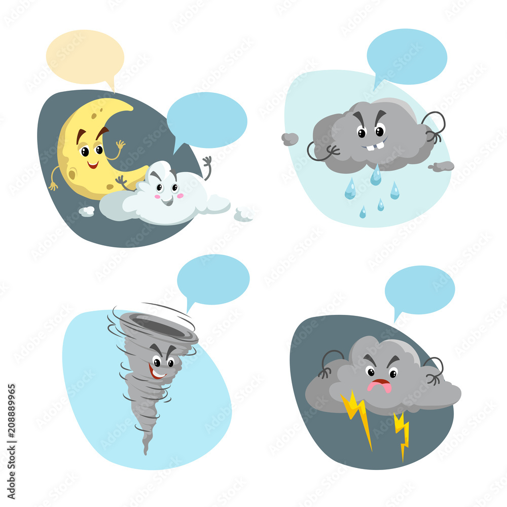 Cartoon weather characters set. Friendly crescent moon, rain cloud with ...