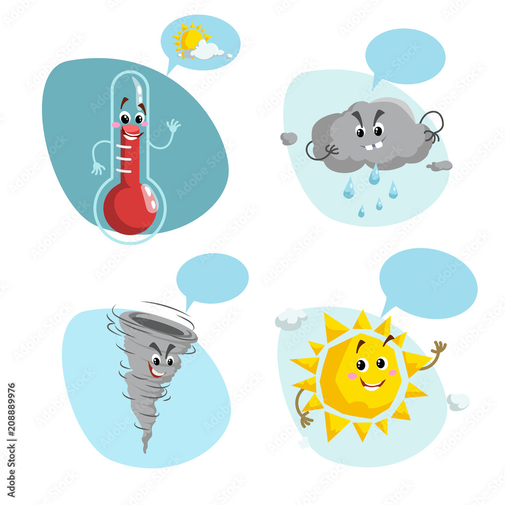 Cartoon weather characters set. Friendly sun, raindrop cloud, smiling ...