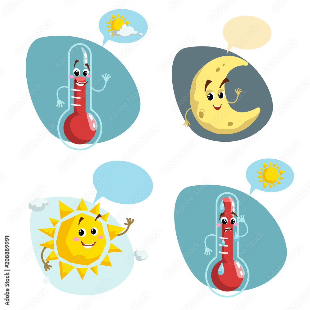 Cartoon weather characters set. Friendly sun, smiling thermometer ...