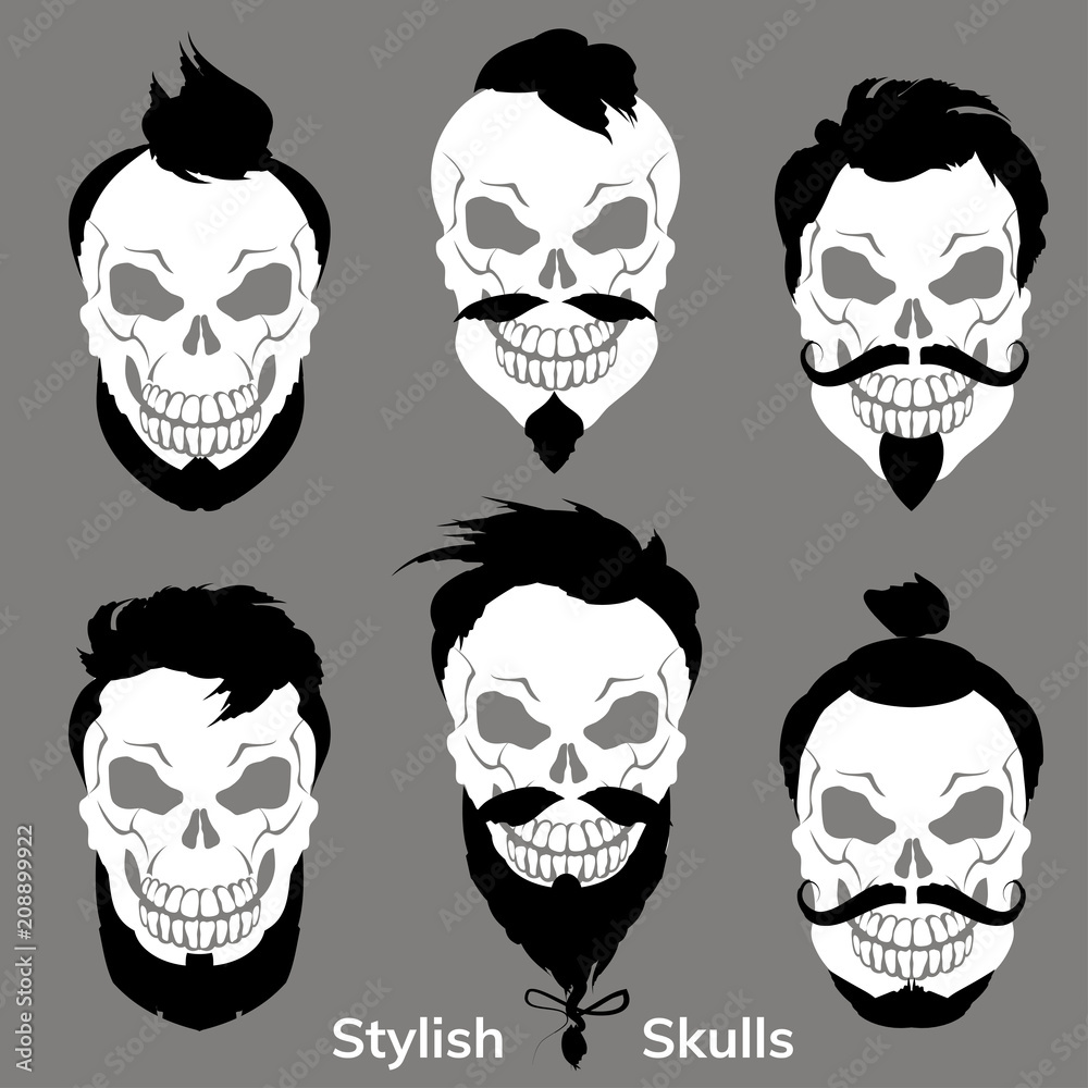 Set of stylized human skulls with mustaches, beards and different ...
