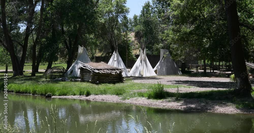 Rendezvous Indian camp along river lake. Fort Buenaventura in Ogden ...