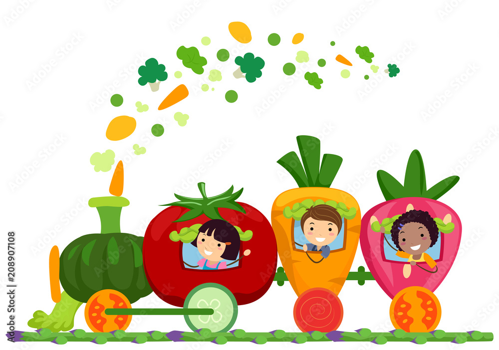 Stickman Kids Fruit Vegetable Train Illustration Stock Vector | Adobe Stock