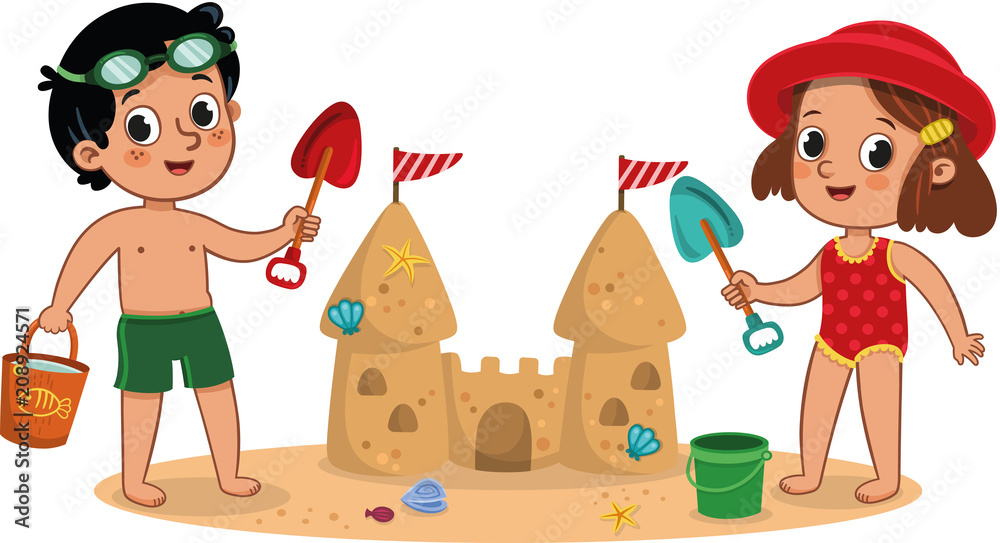 Two little kids having fun on the beach. Outdoor activity. Isolated on ...