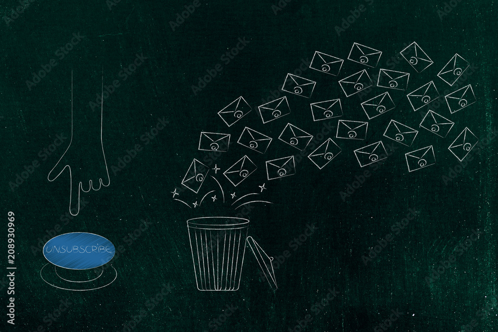 hand about to push Unsubscribe button next to group of emails frlying ...