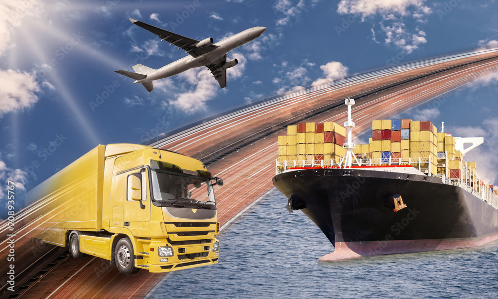Transport mit LKW, Schiff und Flugzeug Stock-Foto | Adobe Stock
