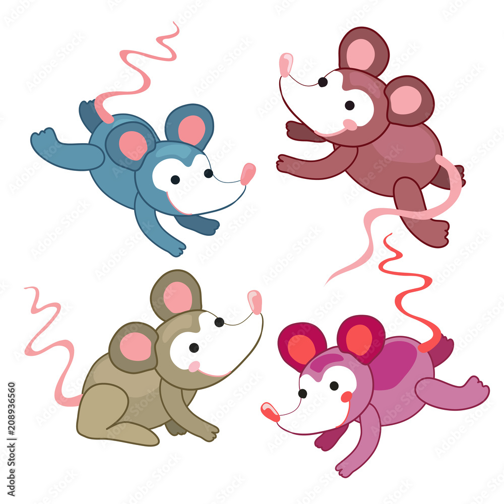 set of cute mouse in different colors. Positive attitude. Hand draw ...