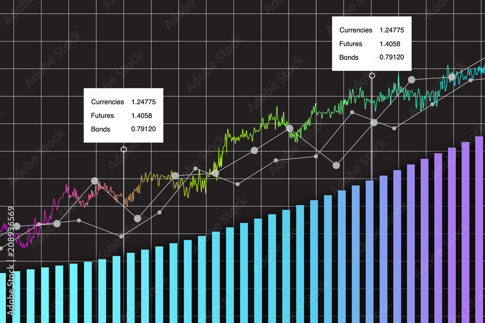 Financial data graph chart, vector illustration. Trend lines, columns ...