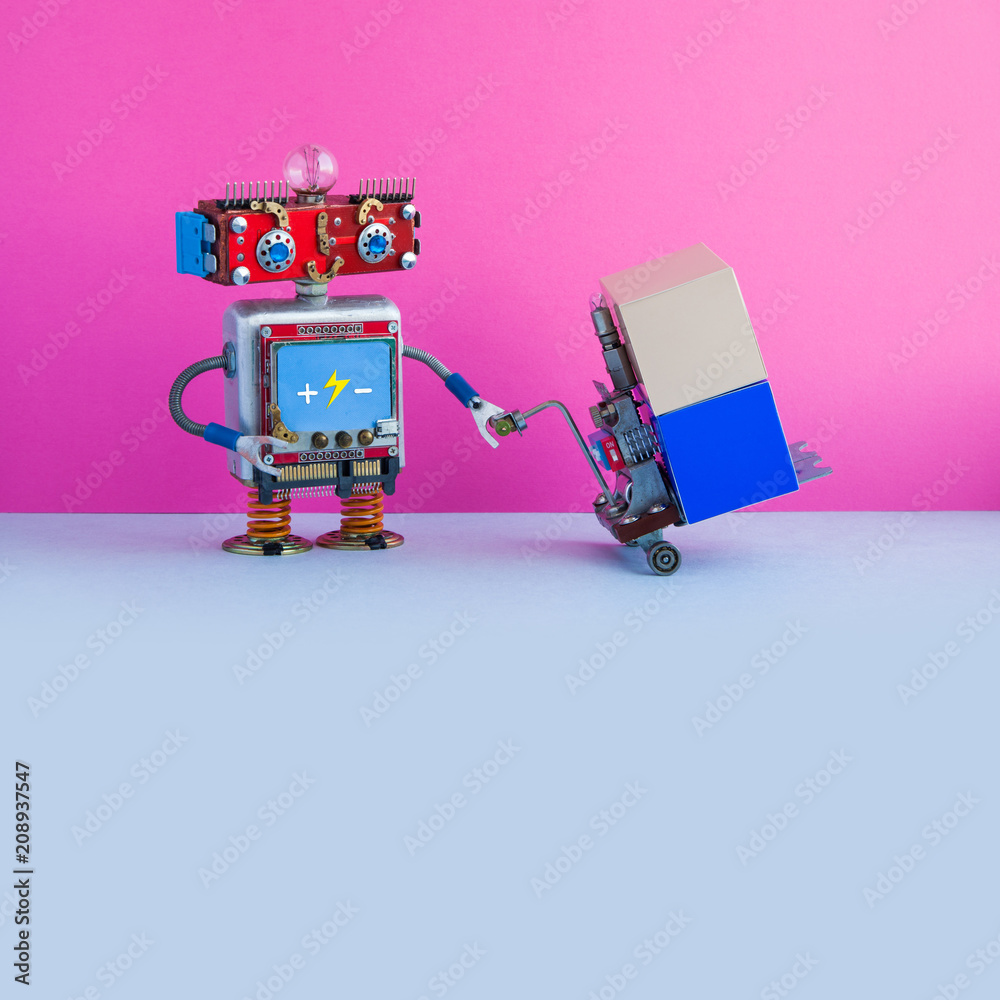 Robotic logistic delivery service concept. Robot moving big container ...