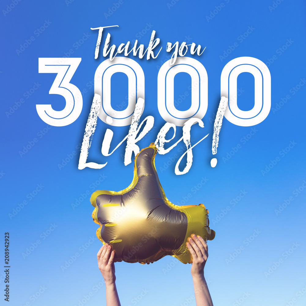 Thank you 3000 likes gold thumbs up like balloons social media template ...