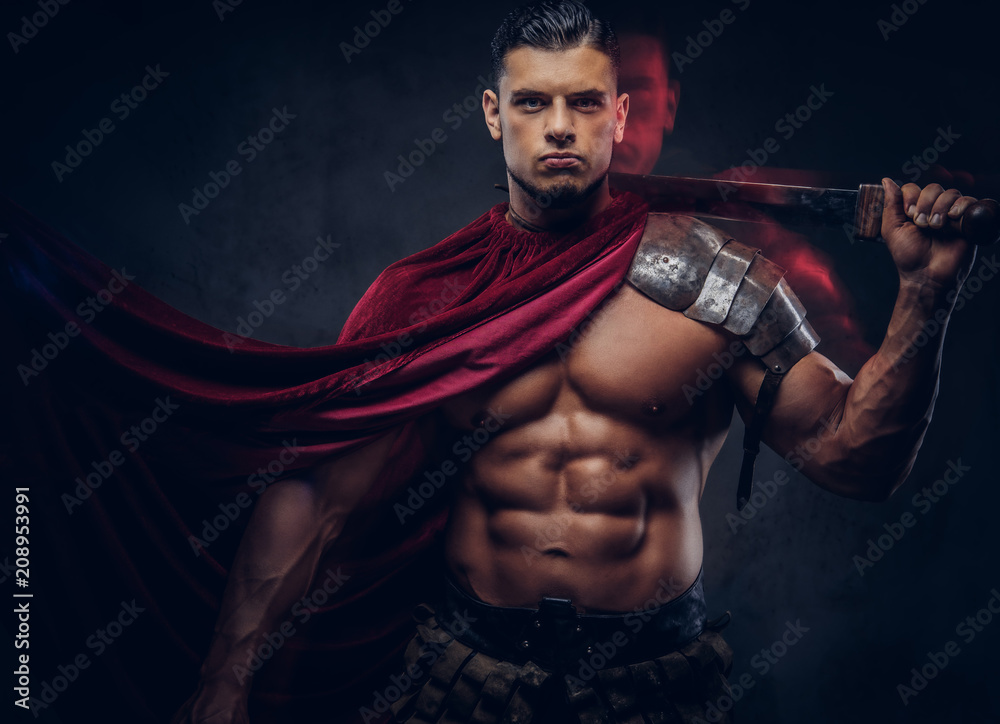Brutal ancient Greece warrior with a muscular body in battle uniforms ...