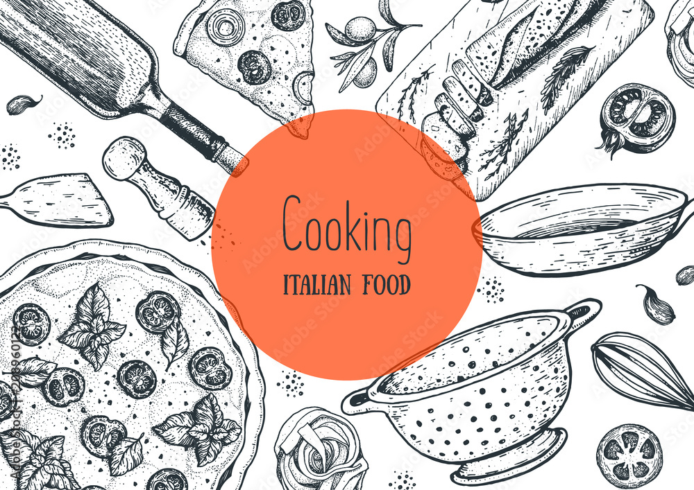 Italian cuisine hand drawn illustration. Italian food cooking frame ...