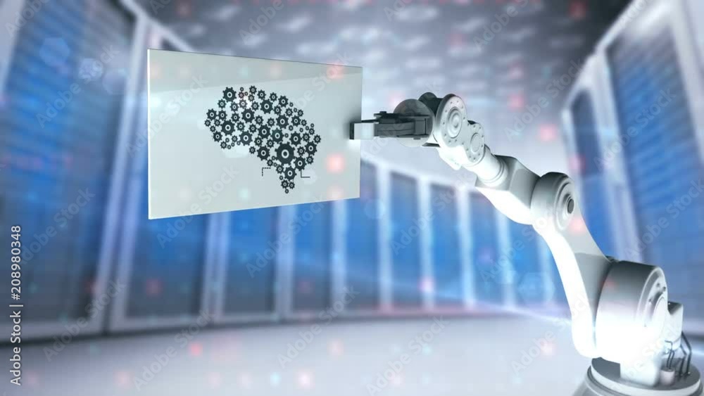 Digitally generated video of robotic arm holding card with diagram of ...