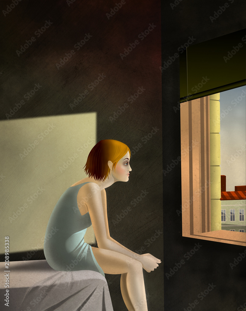 Woman looking out window Stock Illustration | Adobe Stock