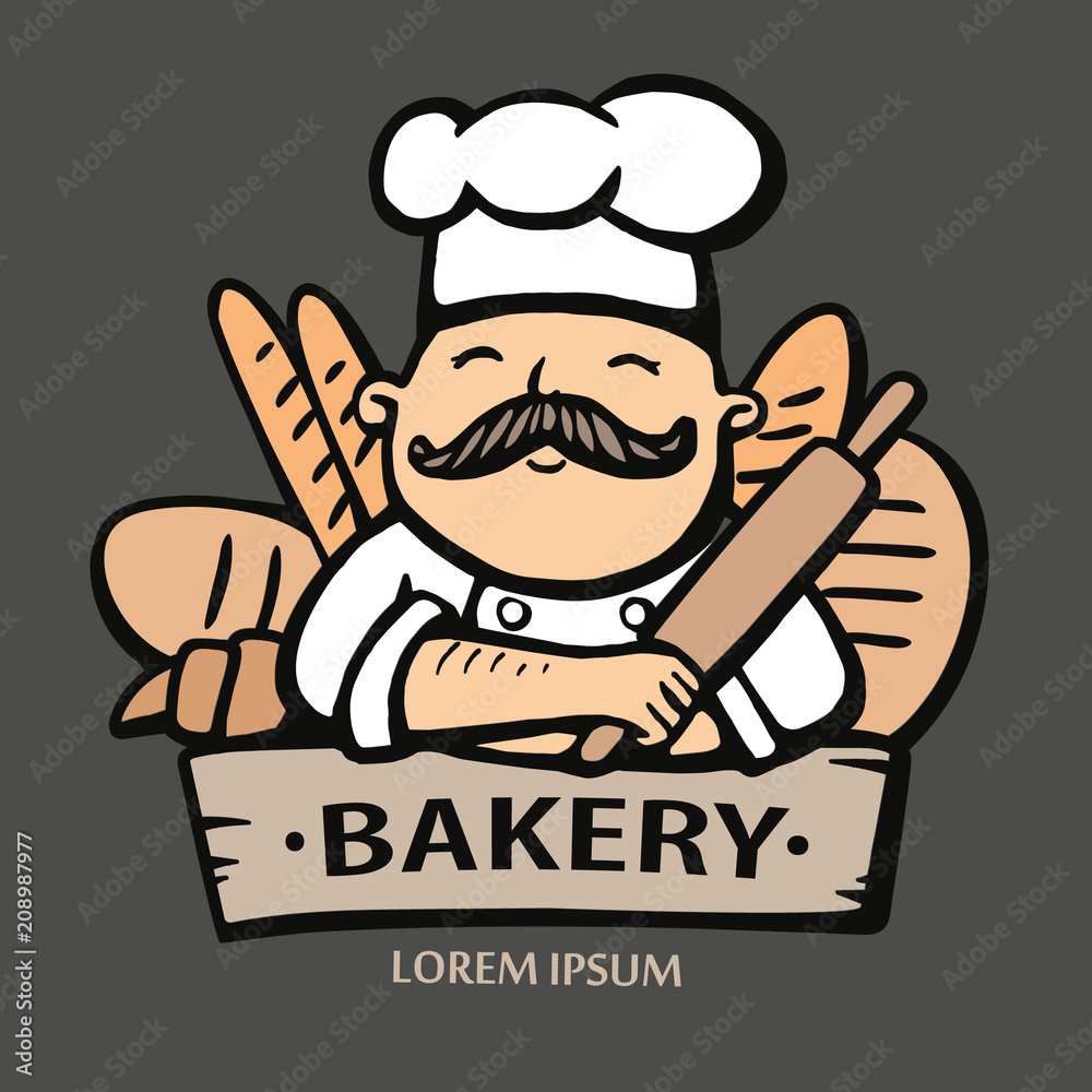 Bakery logo. Hand drawn vector illustration of chief-cooker with a ...