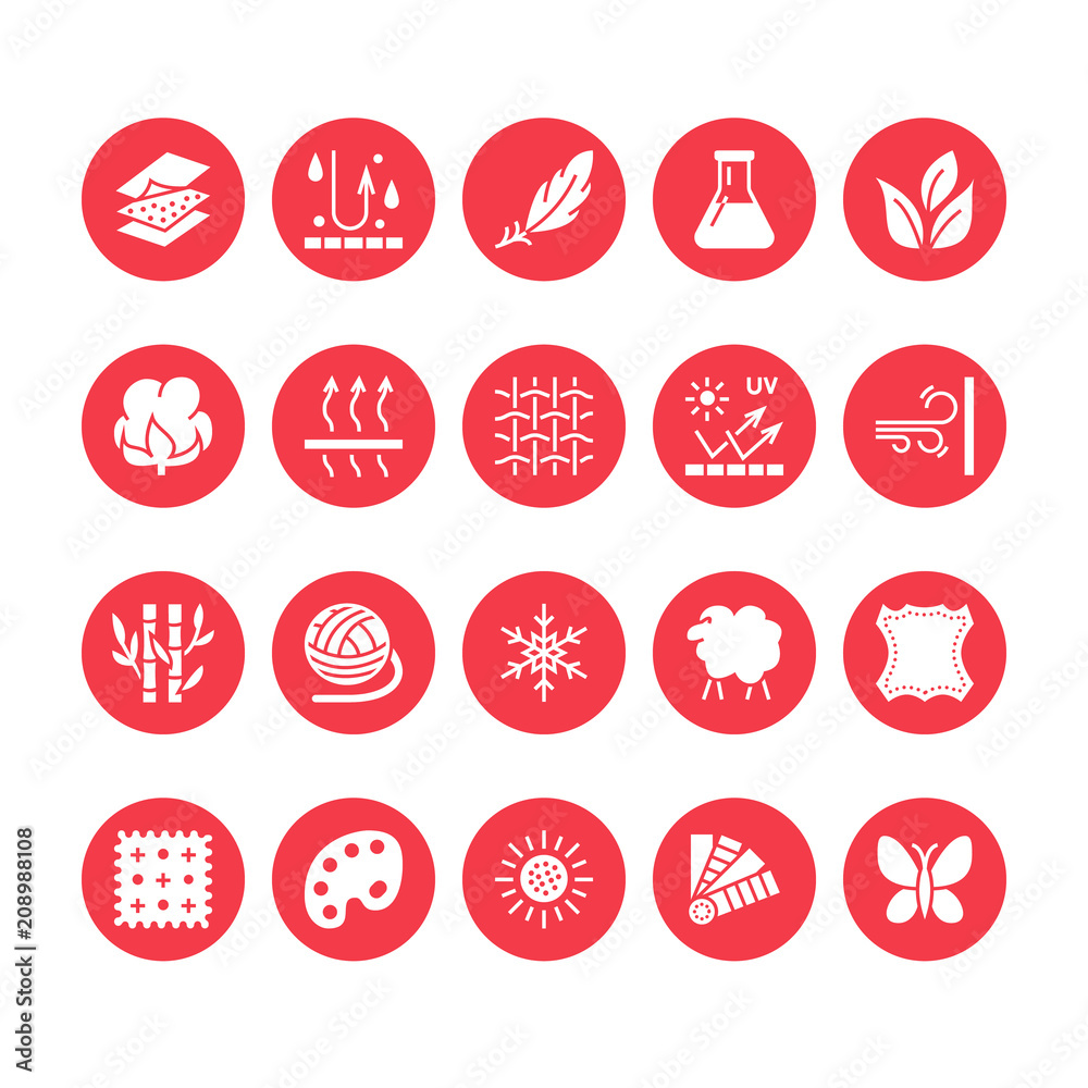 Fabric feature, clothes material vector flat glyph icons. Garment ...