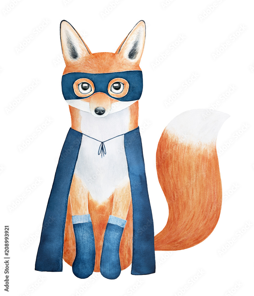 Cute little fox character dressed in dark blue superhero suit: cape ...
