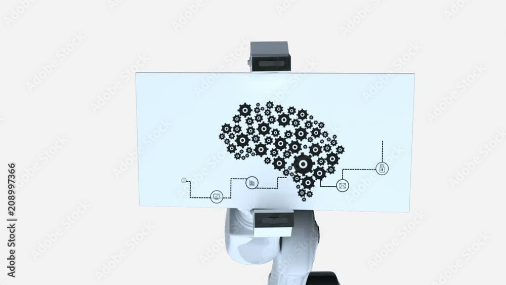 Digitally generated video of robotic arm holding card with diagram of ...