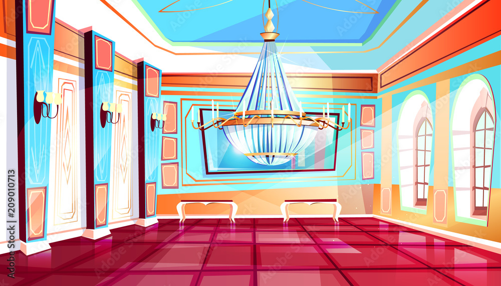 Ballroom with big chandelier vector illustration of palace hall with ...
