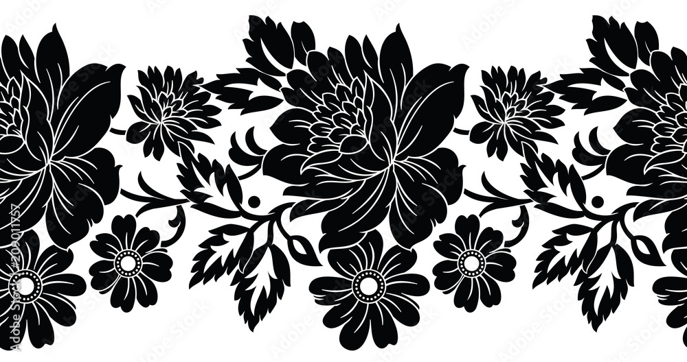 Seamless black and white floral border Stock Vector | Adobe Stock