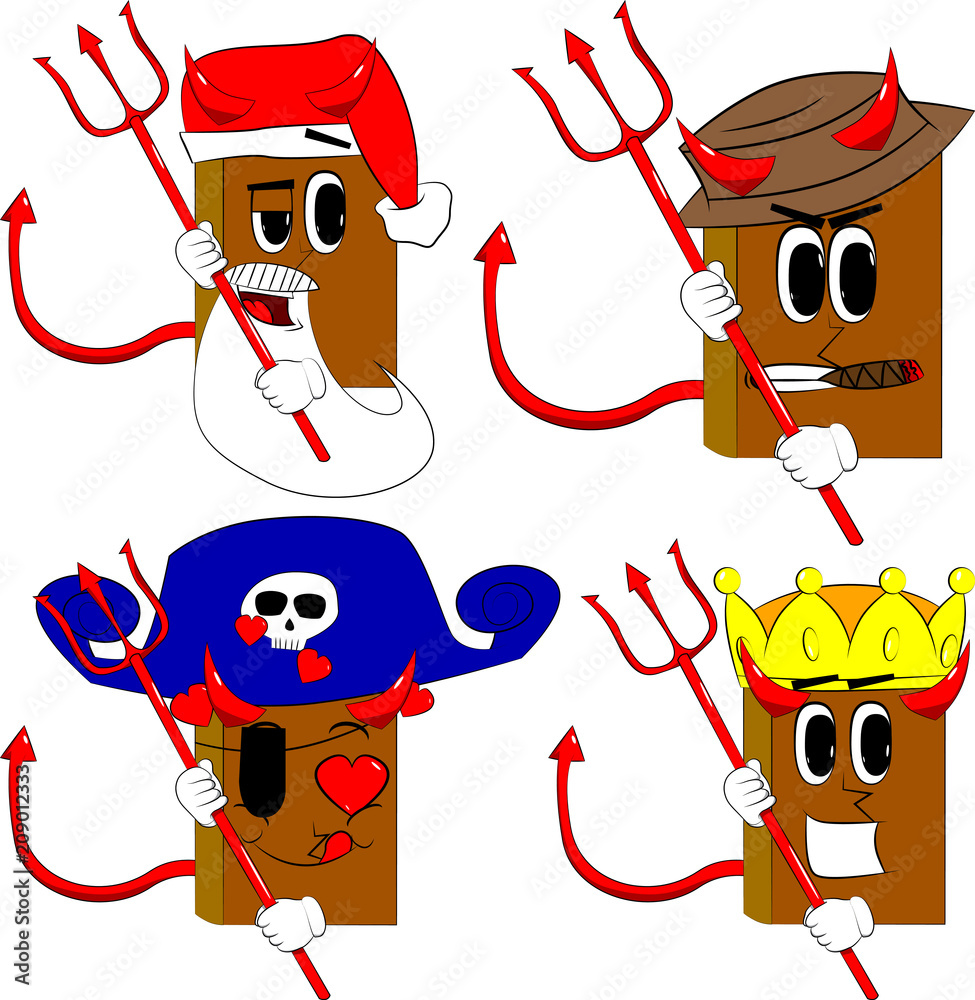 Books devil with pitchfork. Cartoon book collection with costume faces ...