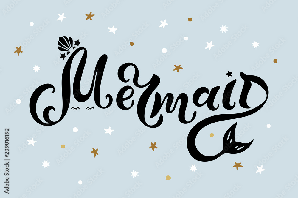 Mermaid text as logo, badge, patch, icon isolated on blue background ...