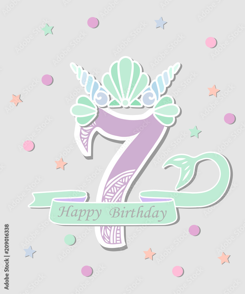 Vector illustration Number Seven with Mermaid tail and Shell Crown ...