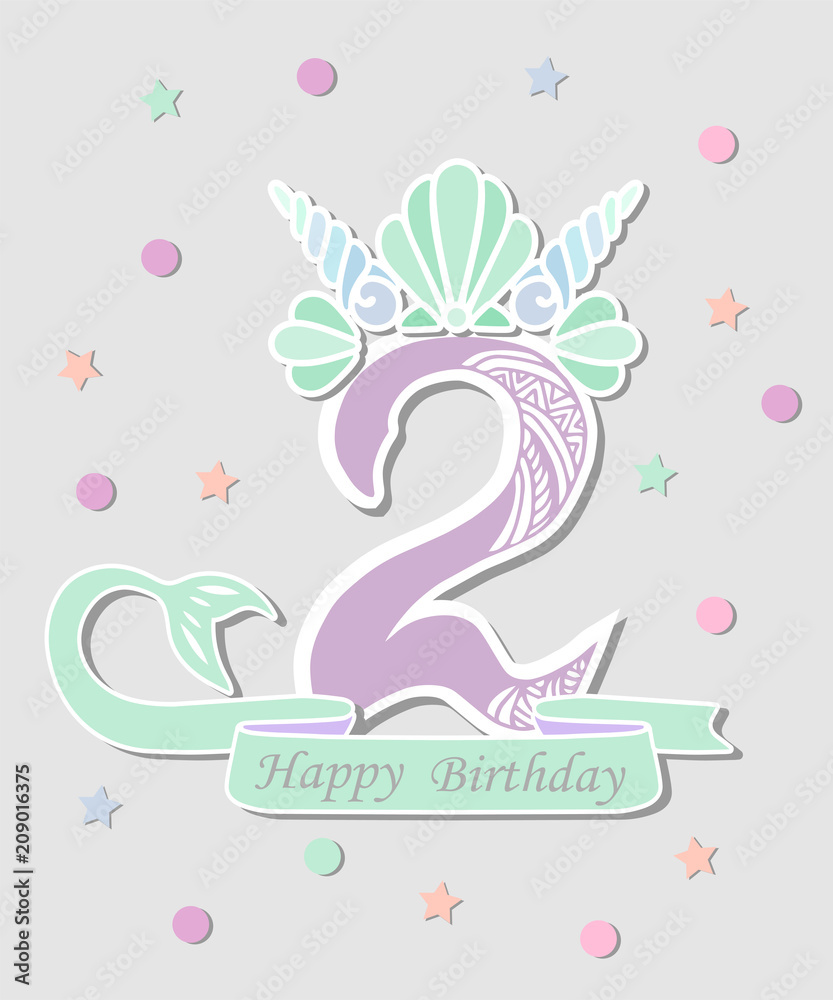 Vector illustration Number Two with Mermaid tail, Shell Crown. Template ...