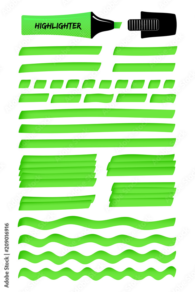 Set of highlighter brush pen hand drawn elements. Green layered hand ...