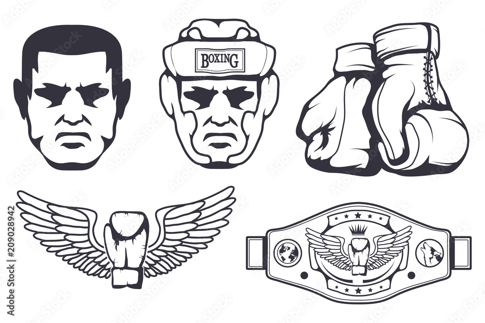 Set of different elements for box design - boxing gloves, boxer man ...