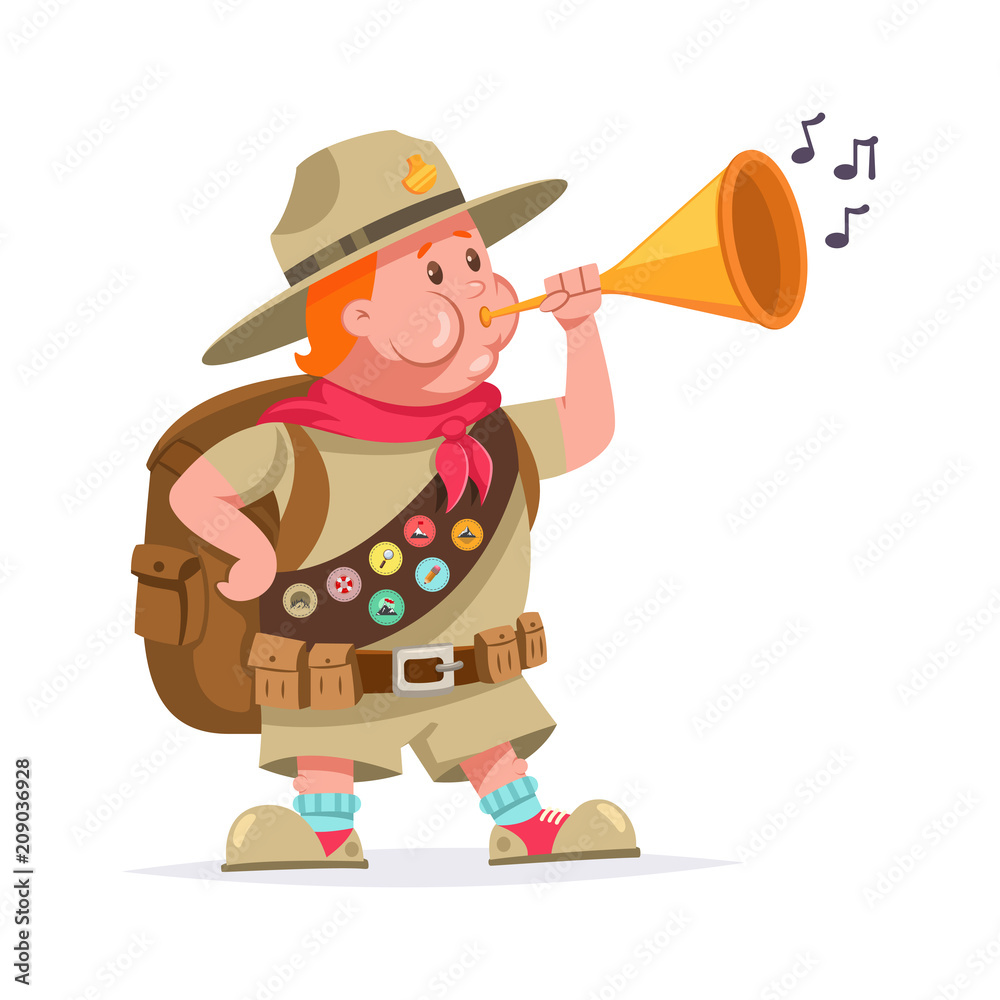 Funny scout boy with badges and blowing into the trumpet. Vector ...