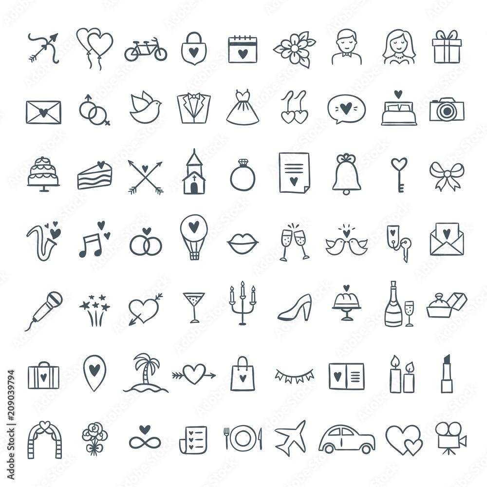 Hand drawn wedding icons set. Outline symbols wedding and celebration ...