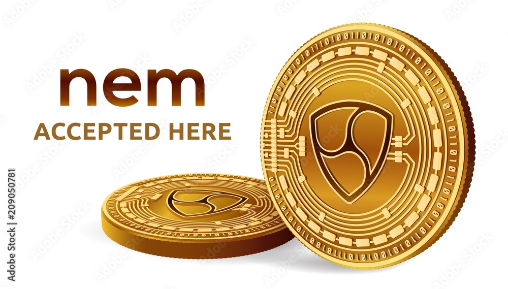 NEM. Accepted sign emblem. Crypto currency. Golden coins with NEM ...