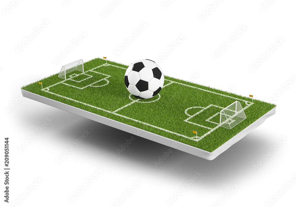 Green grass 3d soccer field and football ball background. Football ...
