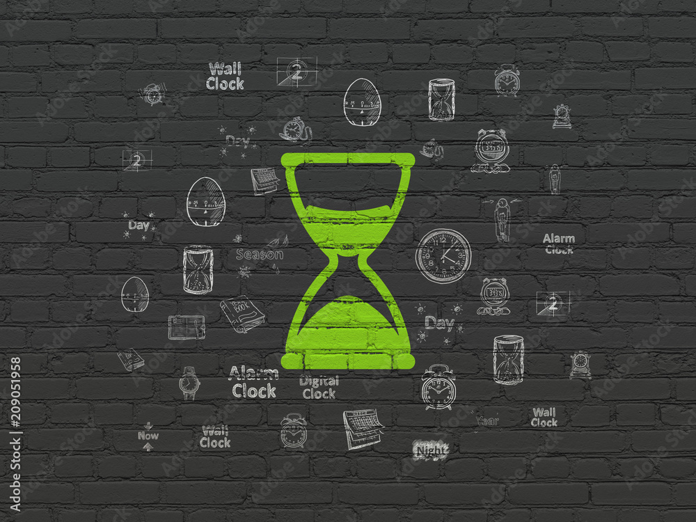 Timeline concept: Painted green Hourglass icon on Black Brick wall ...