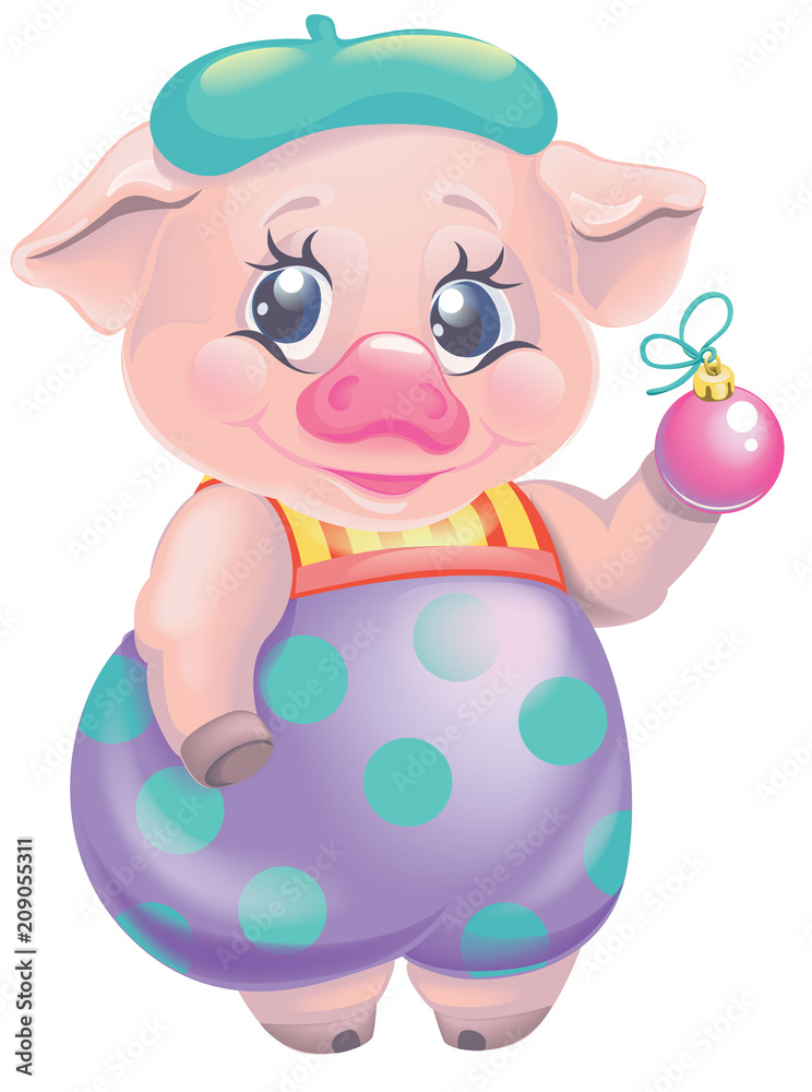 vector cartoon illustration pretty pig with a Christmas ball Stock ...