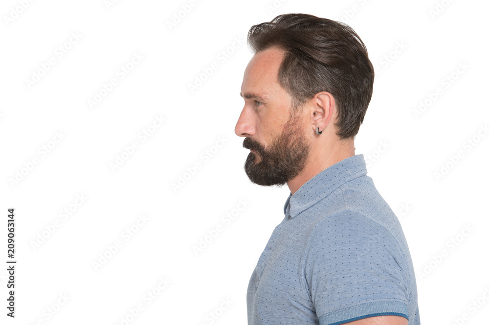 Calm handsome man profile with beard on white background. Close-up ...