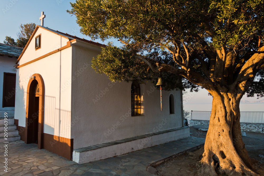 Poster Olive tree and the church of Agios Ioannis Kastri at sunset ...