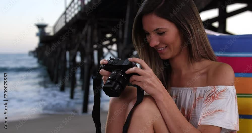 Vidéo Stock Happy millennial girl taking photo with camera while ...