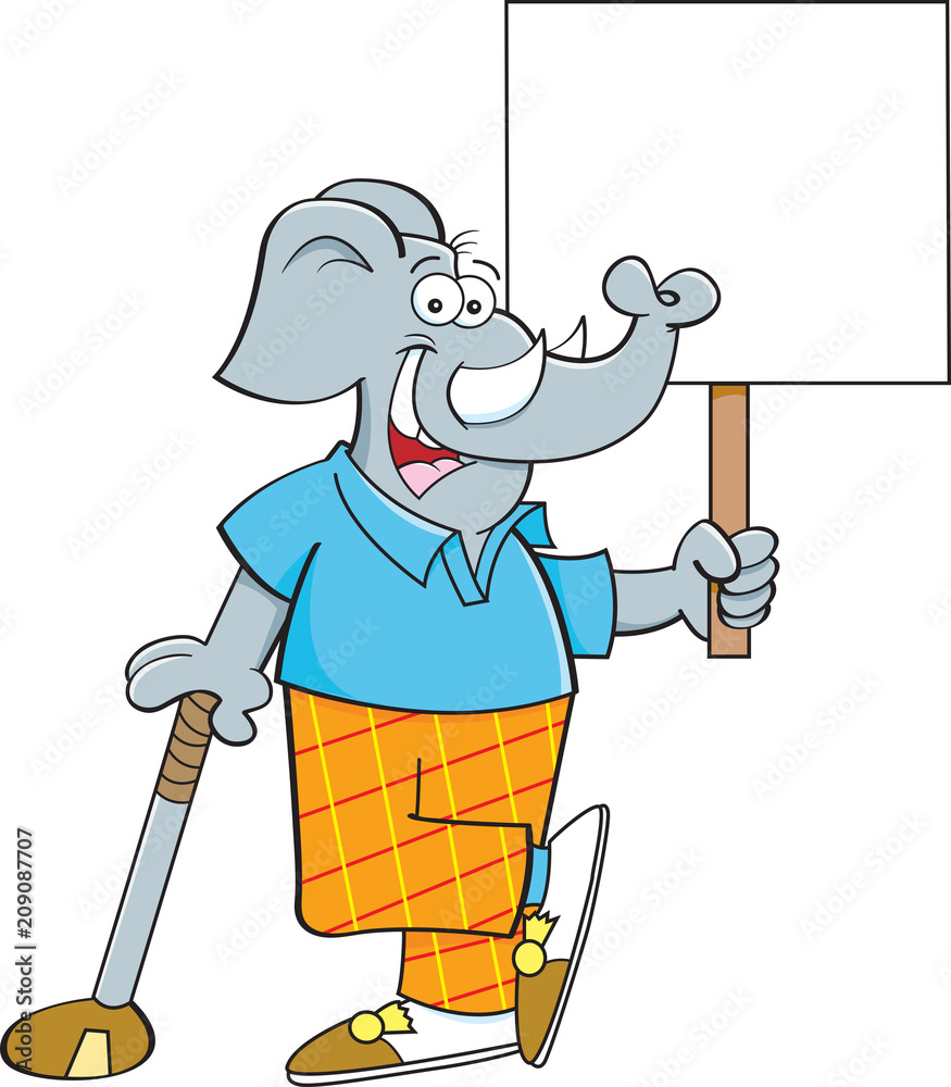 Cartoon illustration of an elephant golfer leaning on a golf club while ...