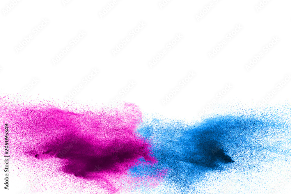 Blue and pink color particles splash on white background. Stock Photo ...