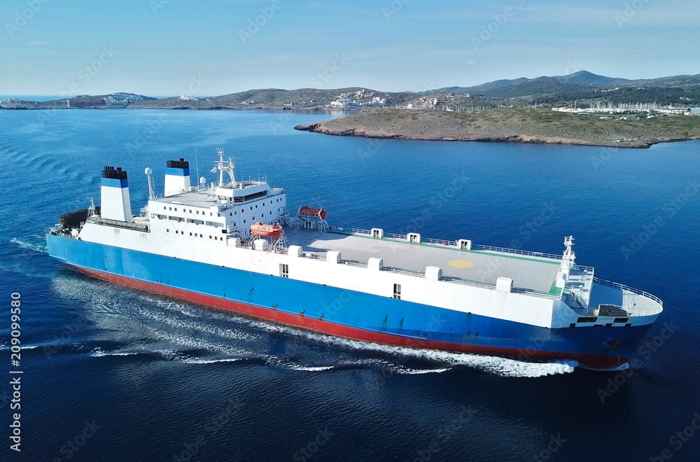 roro ship sailing in the Mediterranean Sea near the coast of Greece ...