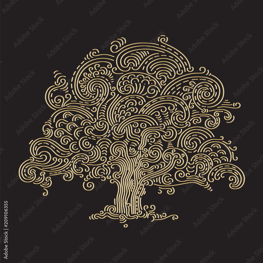 Golden Oak Tree Symbol Hand Drawn Vector Illustration Of A Majestic Tree On Black Background