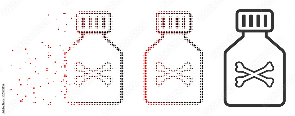 Vector poison vial icon in dissolved, pixelated halftone and undamaged ...