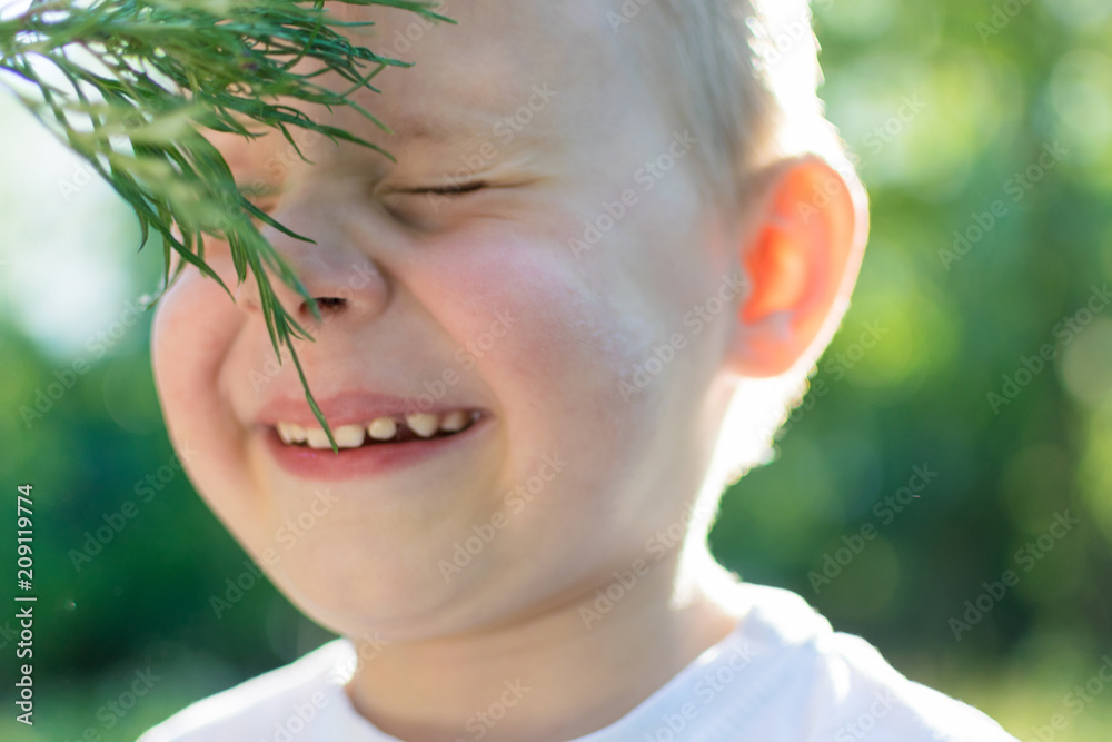 The tickle of the little boy's face with grass. Playing with a child in ...