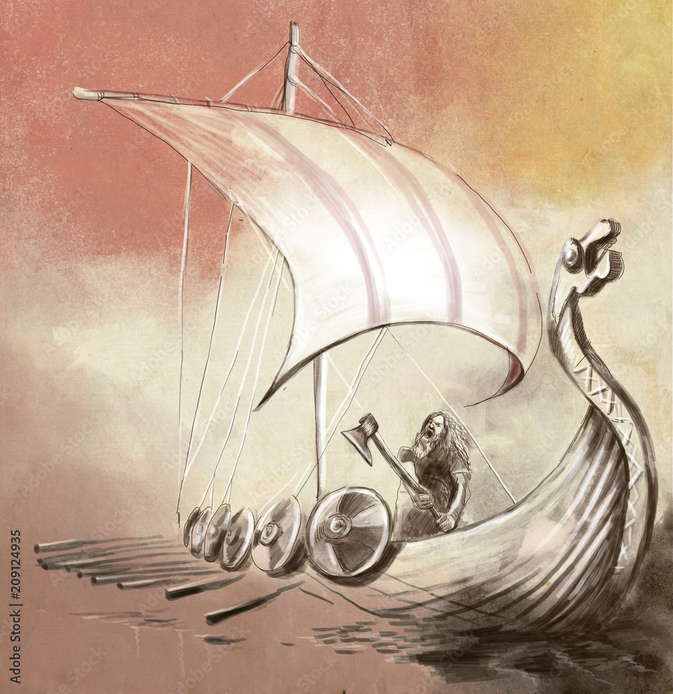 Viking Age. Drekar ship and Warrior with the Axe standing on boat with ...