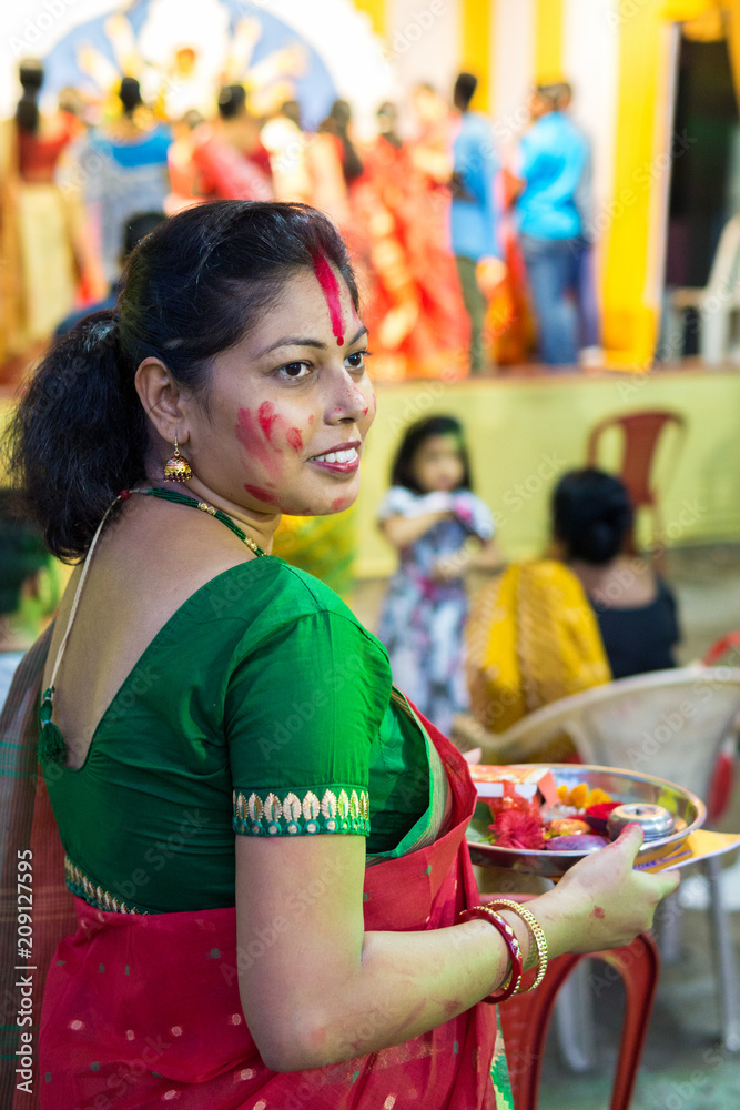 Beautiful bengali woman smeared with vermilion during Vijayadashami ...