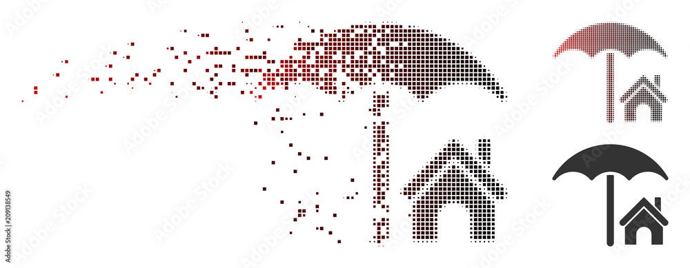 Vector house under umbrella icon in dispersed, dotted halftone and ...