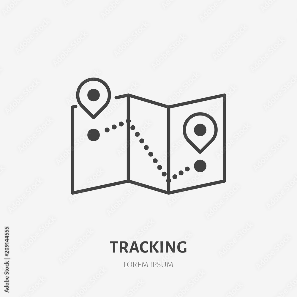 Tracking flat line icon. Map with location pins sign. Thin linear logo ...