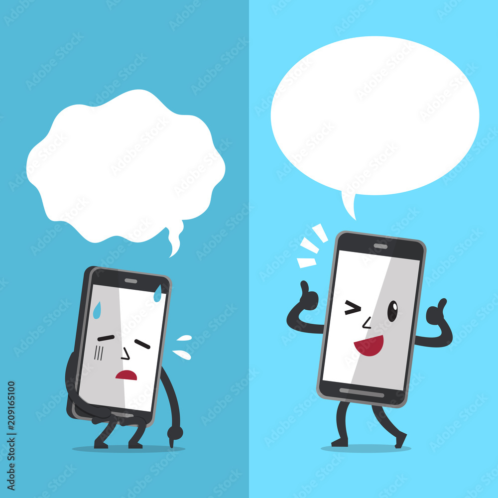 Cartoon smartphone expressing different emotions with white speech ...